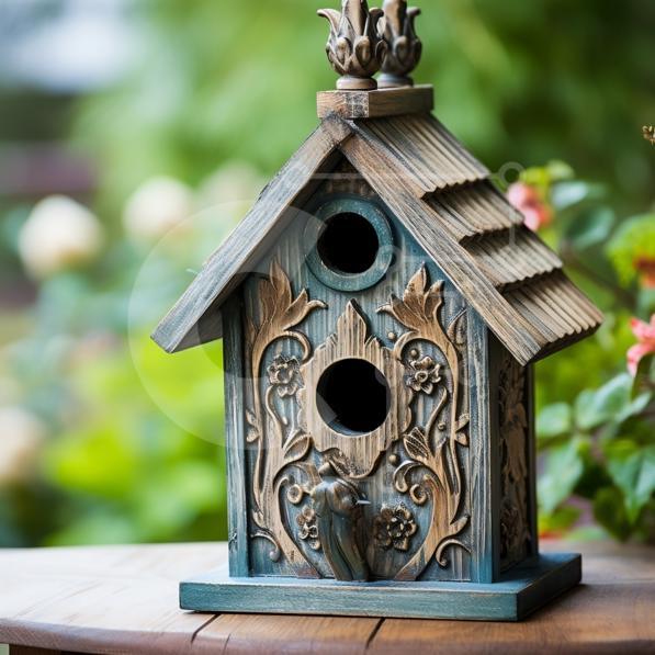 Beautiful Wooden Birdhouse with Detailed Carvings in a Lush Garden ...