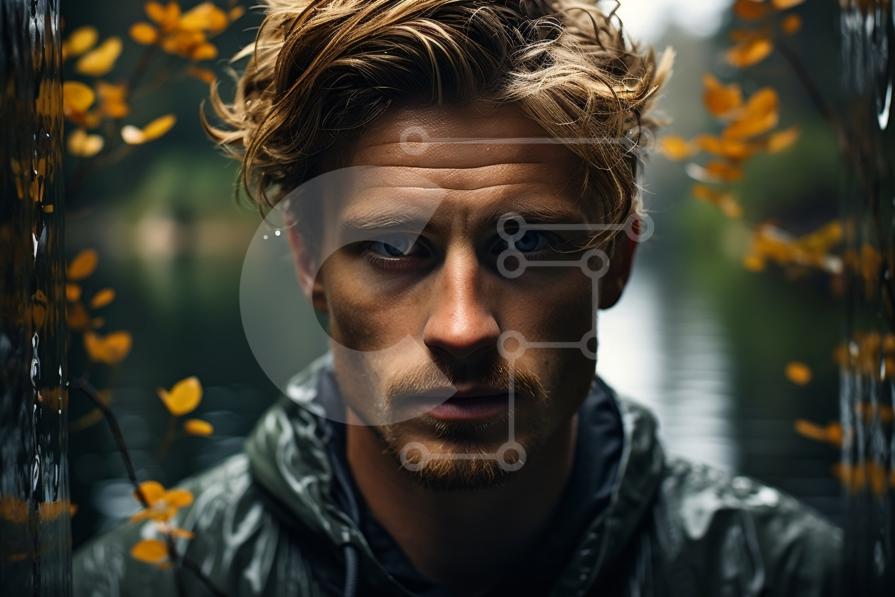 Serious Man Standing by the Water with Fall Leaves in Background stock ...