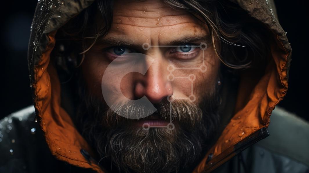 Intense Portrait of a Man with a Beard and Hoodie stock photo ...