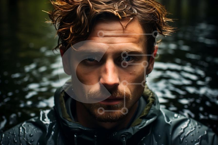 Intense Portrait of a Man in a River with Flowing Water stock photo ...
