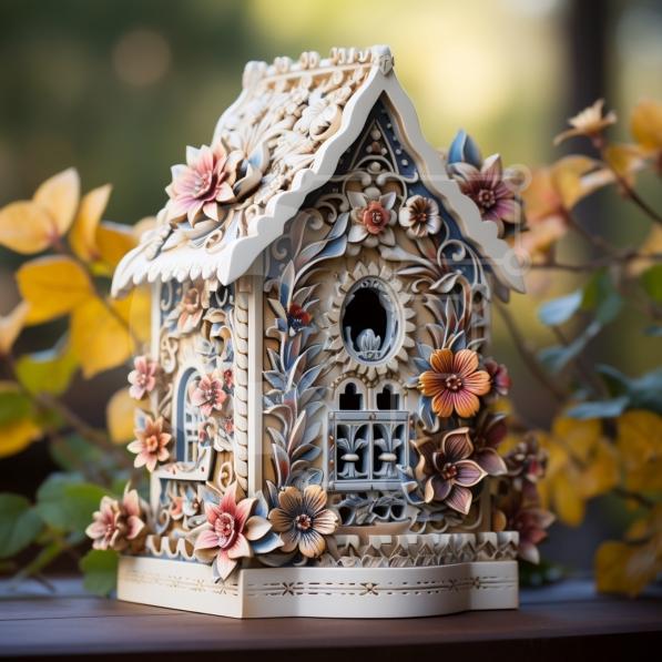 Beautiful Wooden Birdhouse with Detailed Carvings of Flowers and Leaves ...