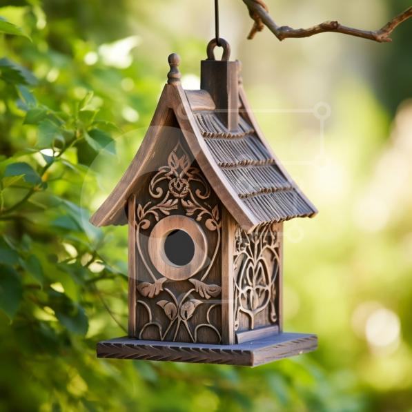Beautiful Wooden Birdhouse with Intricate Carvings in a Garden stock ...