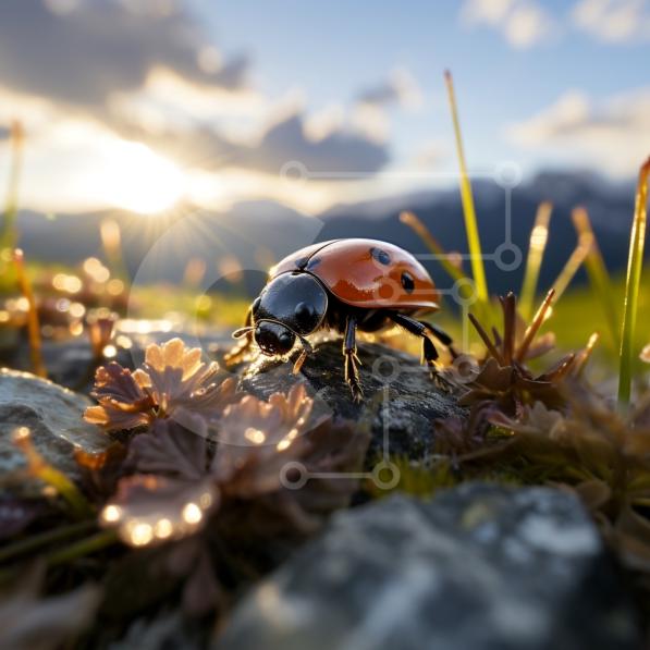 Beautiful Picture of Ladybug on Grass in Meadow with Mountain Sunset ...