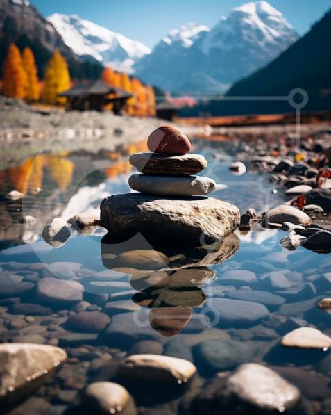 Beautiful Stack of Rocks on Water with Majestic Mountain View stock ...