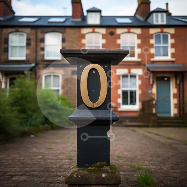 Modern Black and Gold Number 0 Statue on Cobblestone Street stock photo ...