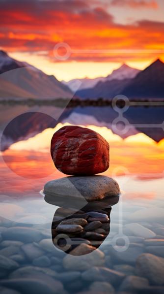 Stunning Sunset Scene with Red Rock on Top of a Rock in a Lake stock ...