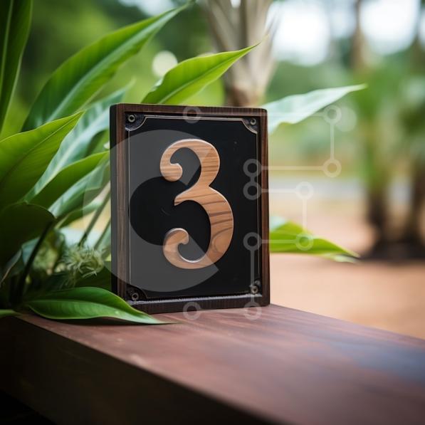 Dark Wood Number 3 Hanging on Wooden Railing stock photo | Creative Fabrica