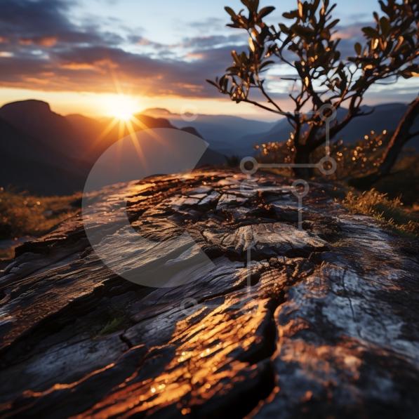 Stunning Sunset over Mountain Range with Lone Tree stock photo ...