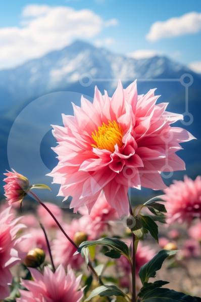 Beautiful Landscape of Pink Flowers with Majestic Mountains stock photo ...