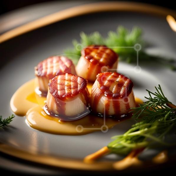 Mouthwatering Scallops on a Plate with Brown Sauce and Dill stock photo ...