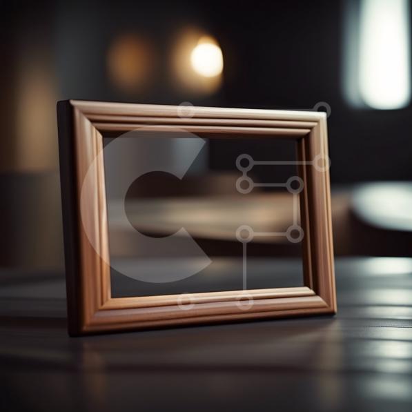Empty Wooden Picture Frame on Table in Dimly Lit Room stock photo ...
