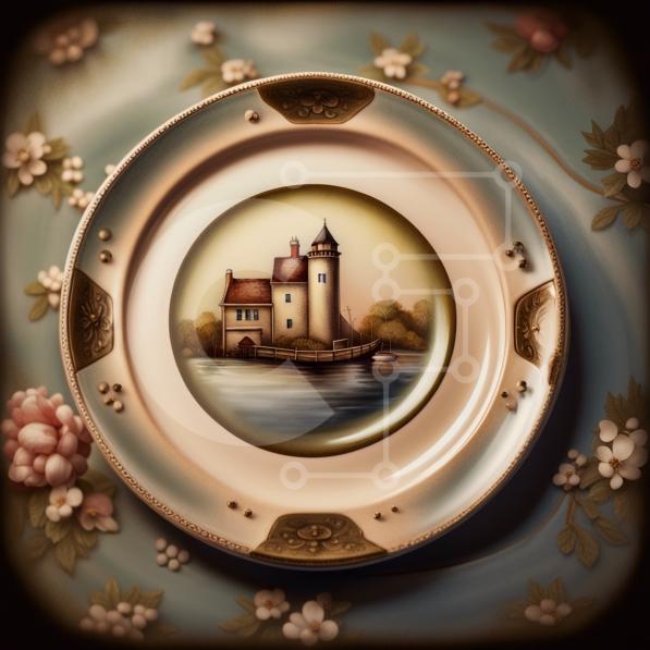 Beautiful Plate with Castle Painting on Floral Tablecloth stock photo ...
