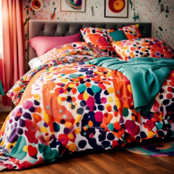 Vibrant Bedroom with Colorful Bedspread and Matching Curtains stock ...