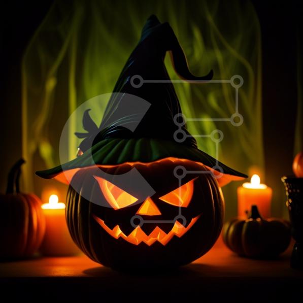 Spooky Halloween Decoration: Jack-o-Lantern with Witch Hat stock photo ...