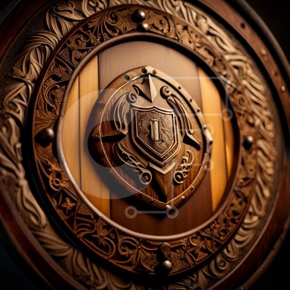 Detailed Wooden Knight's Shield with Helmet, Sword, and Shield Carvings ...