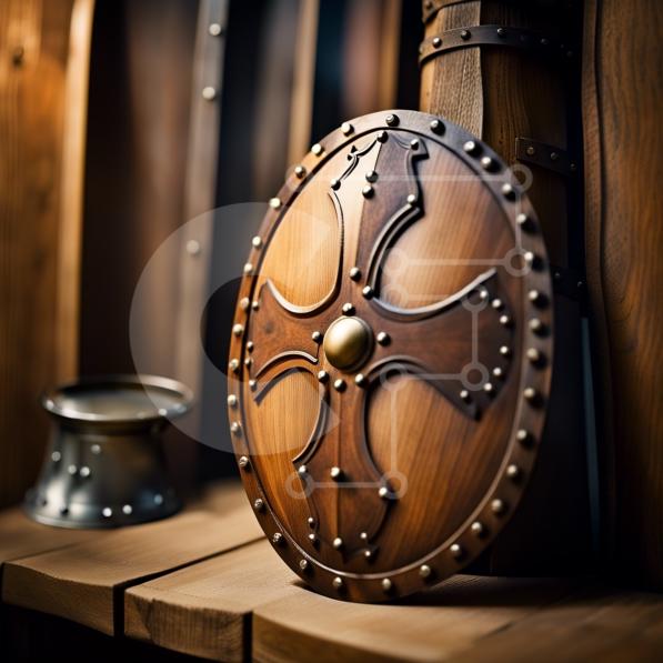 Rustic Wooden Shield with Metal Studs and Handle stock photo | Creative ...