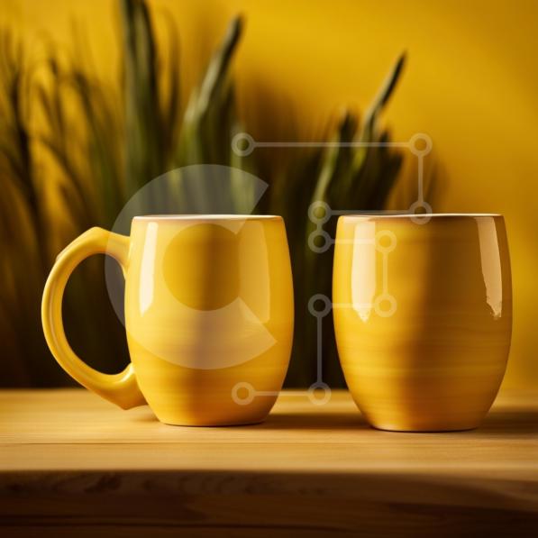Stylish Yellow Mugs on a Rustic Wooden Table with a Fresh Plant stock ...