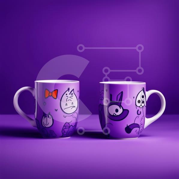 Adorable Cartoon Character Mugs on a Purple Surface stock photo ...