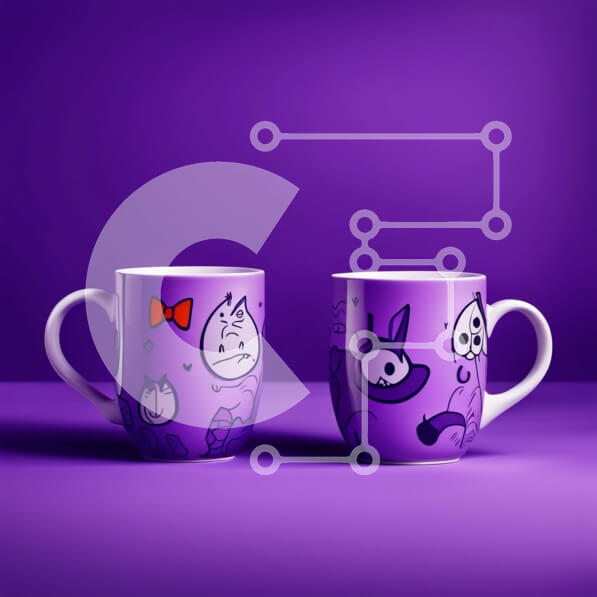 Download Adorable Cartoon Character Mugs on a Purple Surface ...