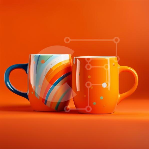 Two Orange Mugs with Colorful Designs - Stock Photo stock photo ...
