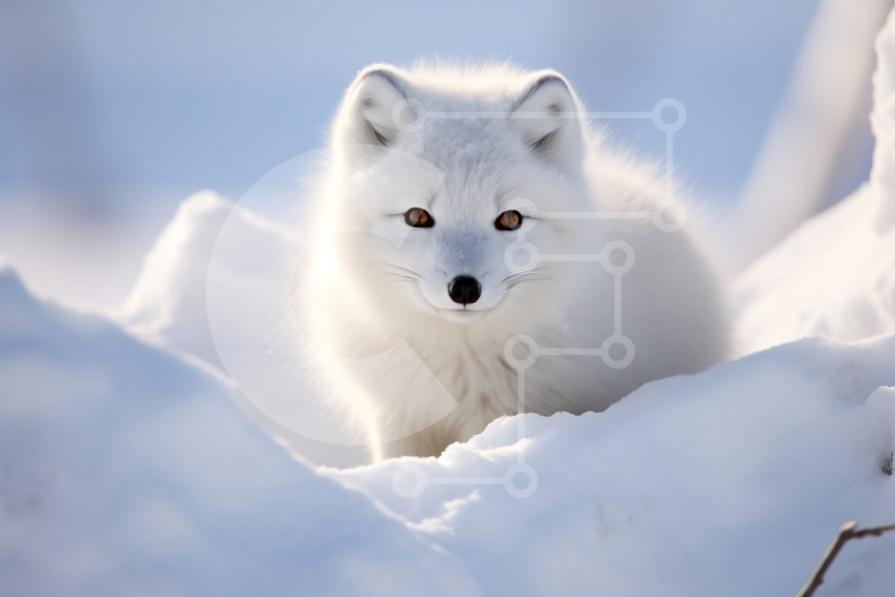 Adorable Picture of a White Arctic Fox in a Snowy Landscape stock photo ...
