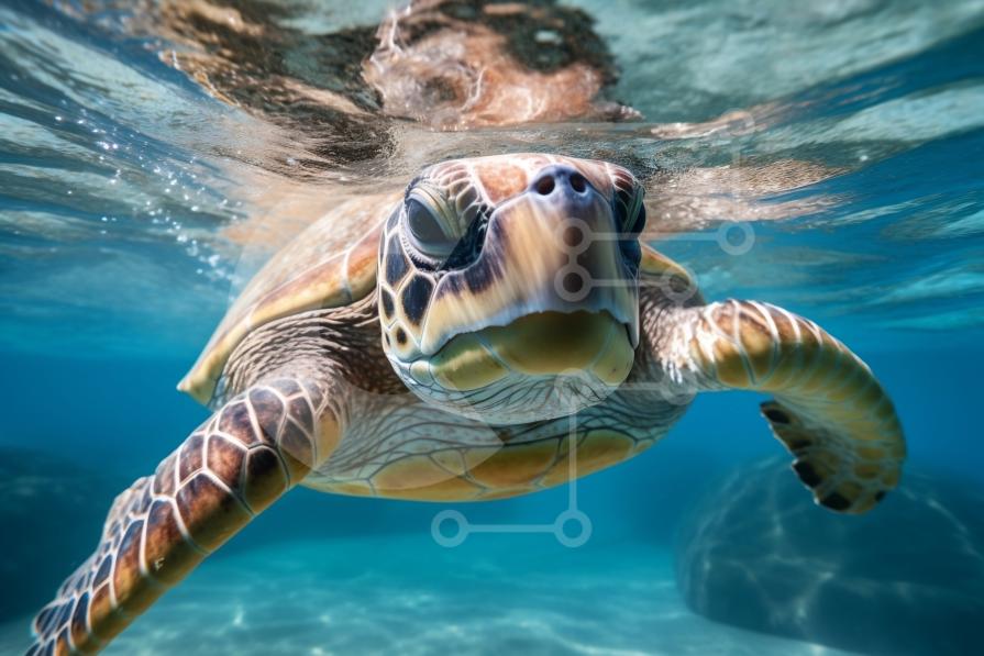 Stunning Photo of Sea Turtle in Clear Blue Water with Rock Background ...