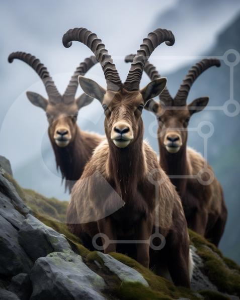 Breathtaking Image of Horned Animals on a Misty Mountain stock photo ...
