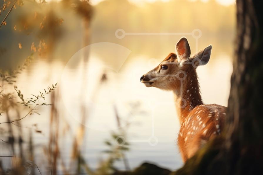 Cute Picture of a Fawn Looking at Water stock photo | Creative Fabrica