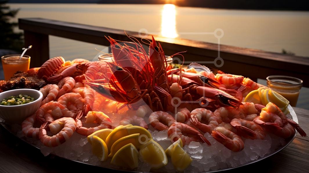 Delicious Shrimp Platter on a Wooden Table with a View stock photo ...