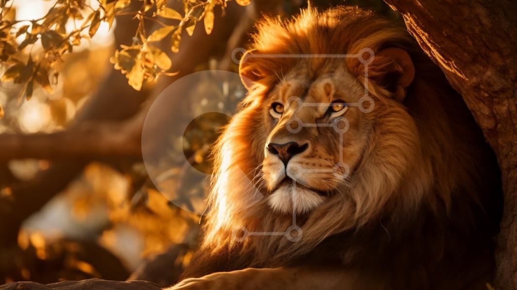 Beautiful Picture of a Lion Resting under a Tree at Sunset stock photo ...
