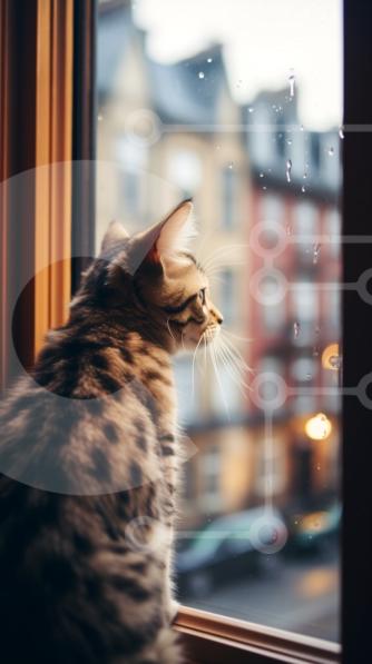 Intense Cat Staring Out of the Window at a Cityscape stock photo ...