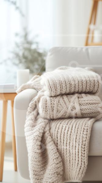Cozy Home Decor: Stack of Folded Blankets on Wood Couch stock photo ...