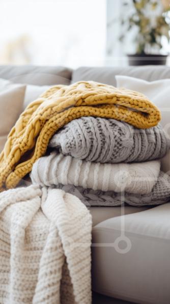 Cozy Home Decor: Stack of Colorful Blankets on a Neutral Couch stock ...
