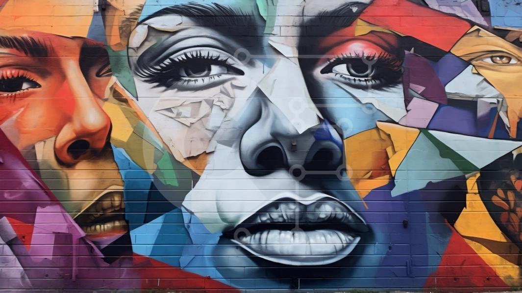 Vibrant Mural Artwork with Geometric Shapes and Serious Expression ...