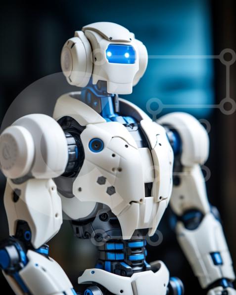 Futuristic Image of a White and Blue Robot stock photo | Creative Fabrica