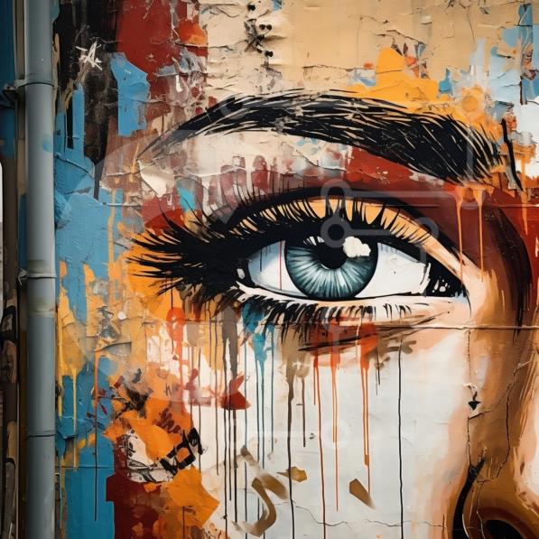 Vibrant Graffiti Artwork featuring a Woman's Face with Blue Eyes stock ...