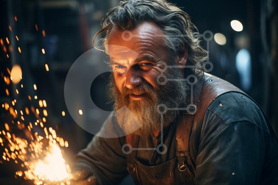 Powerful Image of an Elderly Blacksmith in a Dark Industrial Workshop ...