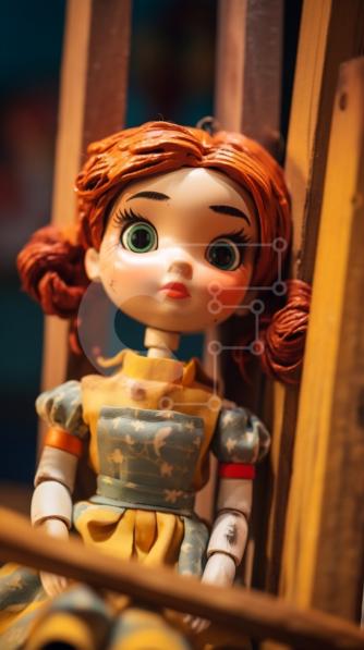 Adorable Doll with Red Hair and Blue Eyes in a Colorful Outfit stock ...