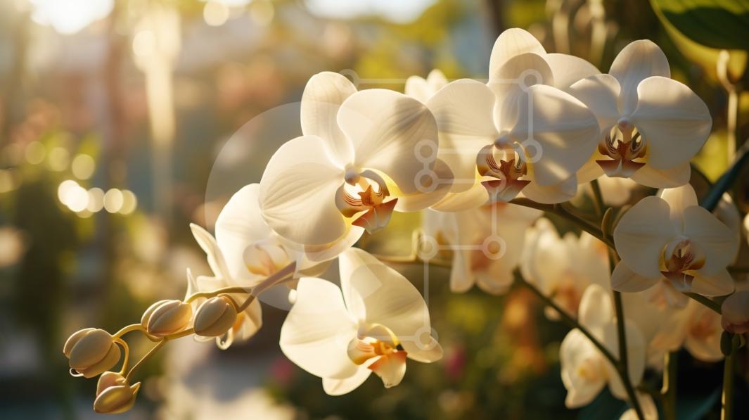 Stunning Picture of Blooming White Orchids in a Sunlit Garden stock ...