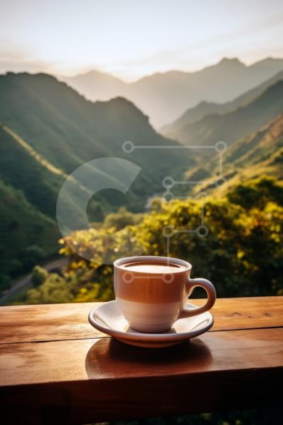 Scenic Picture of Coffee Cup with Mountain View stock photo | Creative ...