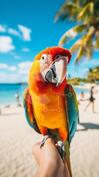 Vibrant Picture of a Colorful Parrot at the Beach stock photo ...