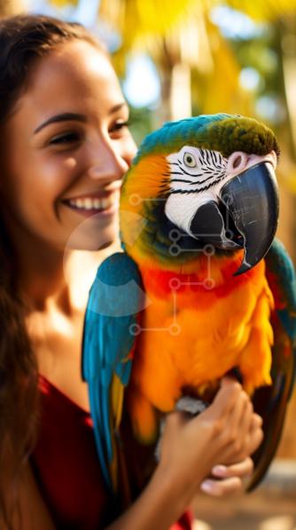 Colorful Parrot on Woman's Shoulder in Nature stock photo | Creative ...