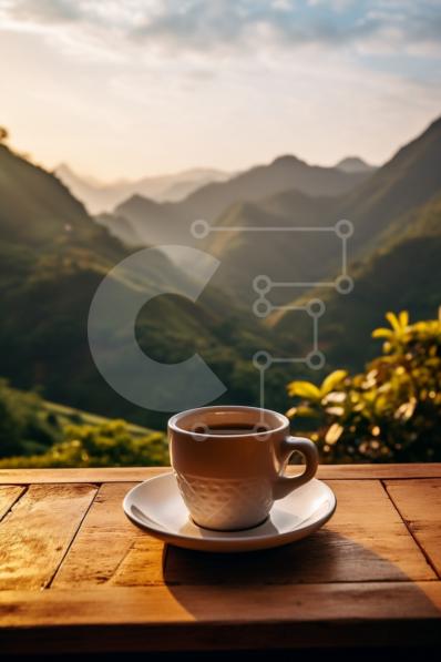 Stunning Image of a Coffee Cup on a Wooden Table with Scenic Mountain ...