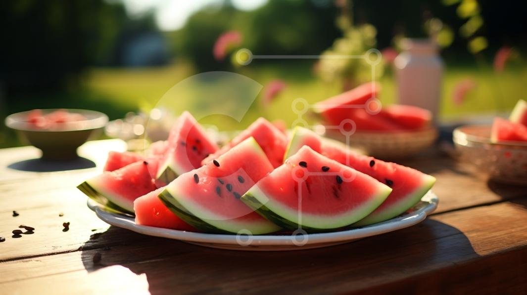 Fresh and Juicy Sliced Watermelon on a Wooden Table stock photo ...
