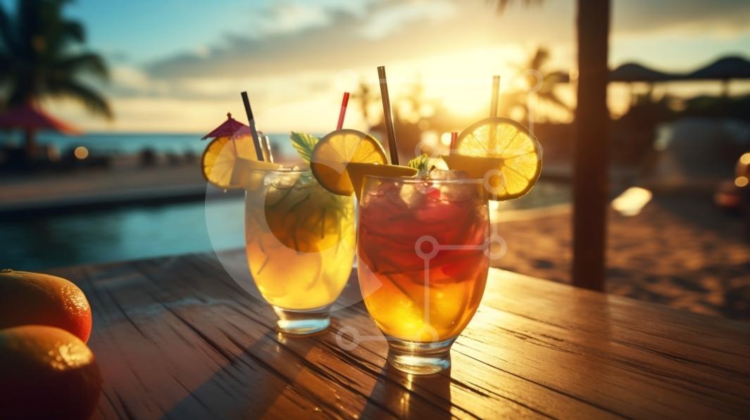 Stunning Picture of Colorful Cocktails by the Pool at Sunset stock ...