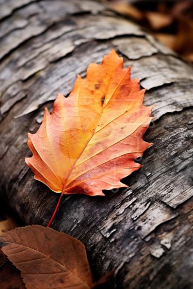 Beautiful Close-Up of a Falling Leaf on a Tree Trunk stock photo ...