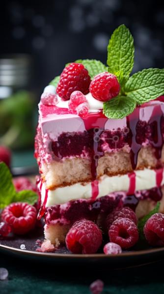Yummy Raspberry Cake with Vanilla Ice Cream and Fresh Raspberries stock ...