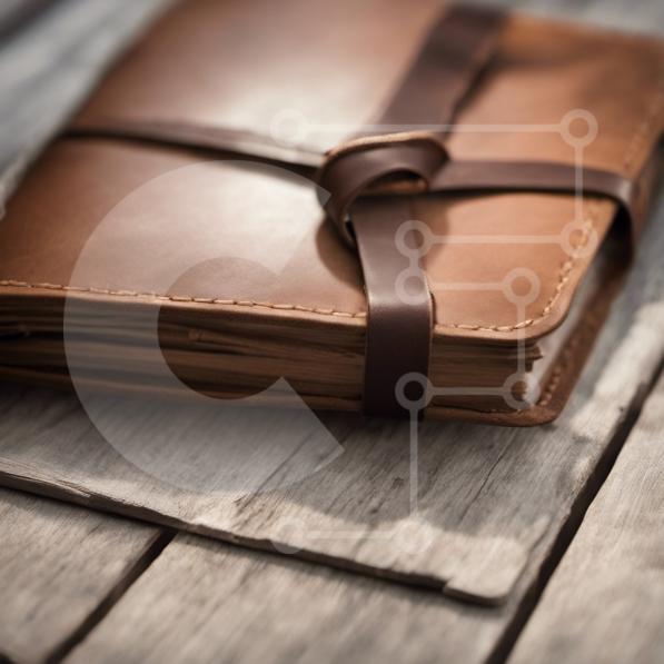 Brown Leather Journal with Strap on Wooden Surface stock photo ...