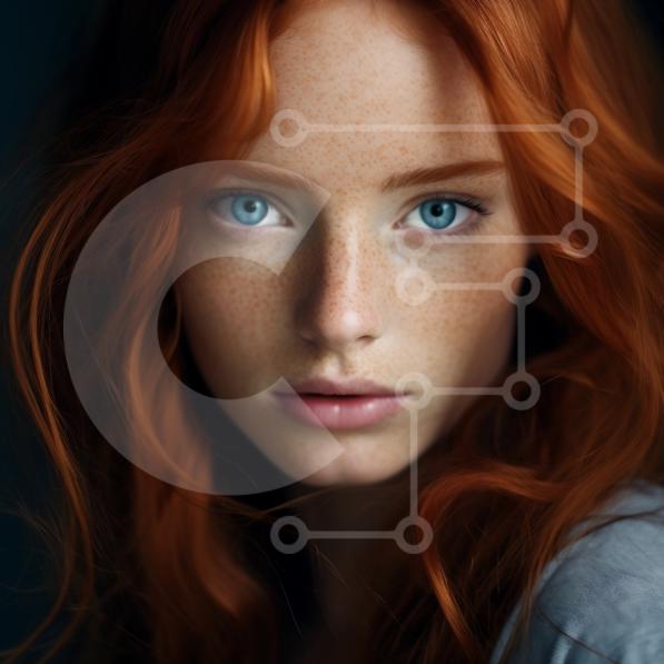 Belleza natural - Mujer con cabello rojo y ojos azules fotos de archivo | Creative Fabrica