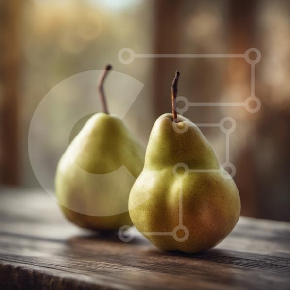 Green Pears on a Wooden Table with Forest View stock photo | Creative ...